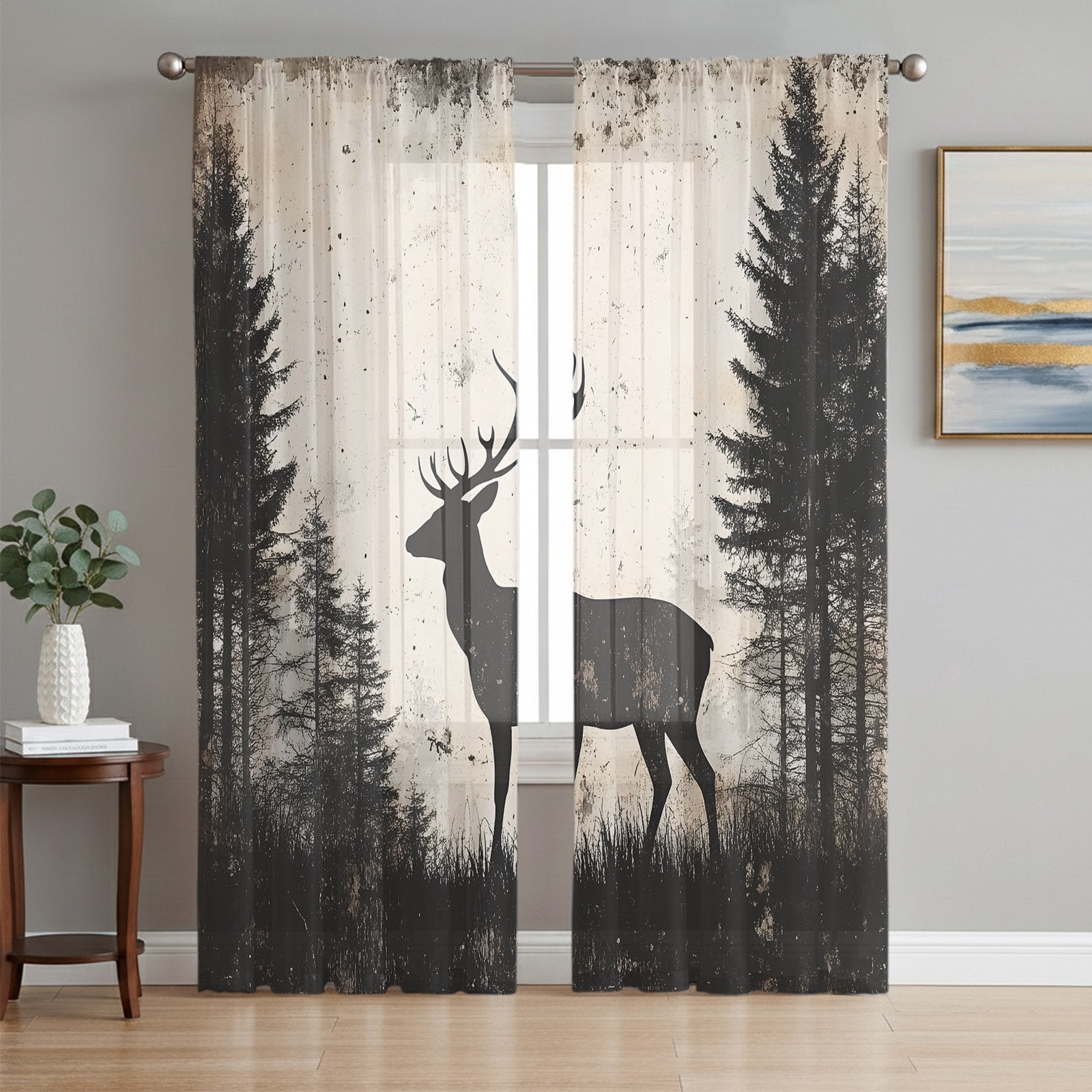 Black Beige Forest Elk Semi Sheer Curtains 96 Inch Length 2 Panels Set ...