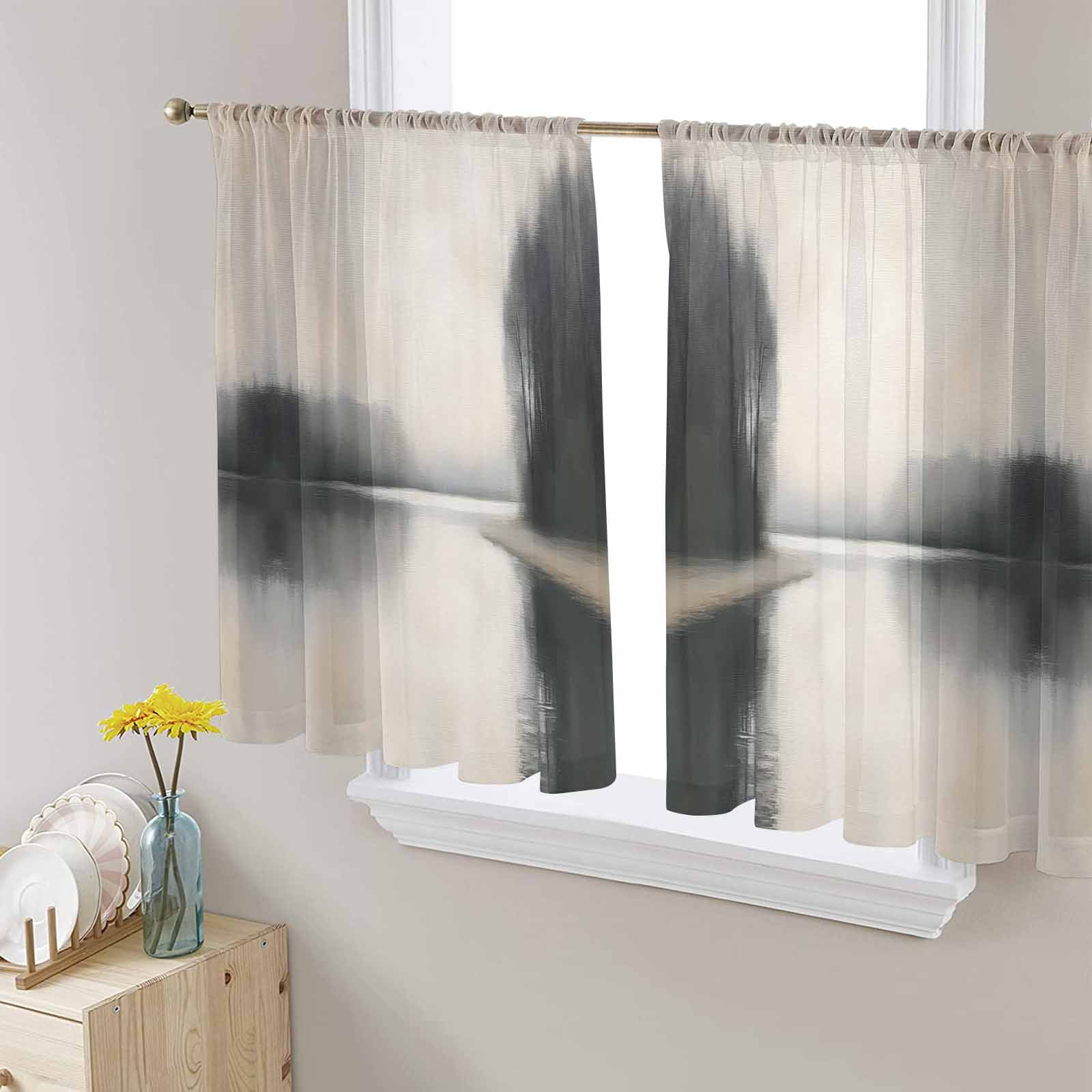 Black Beige Lake Sheer Curtains 54 Inch Length 2 Panels Set for Living ...