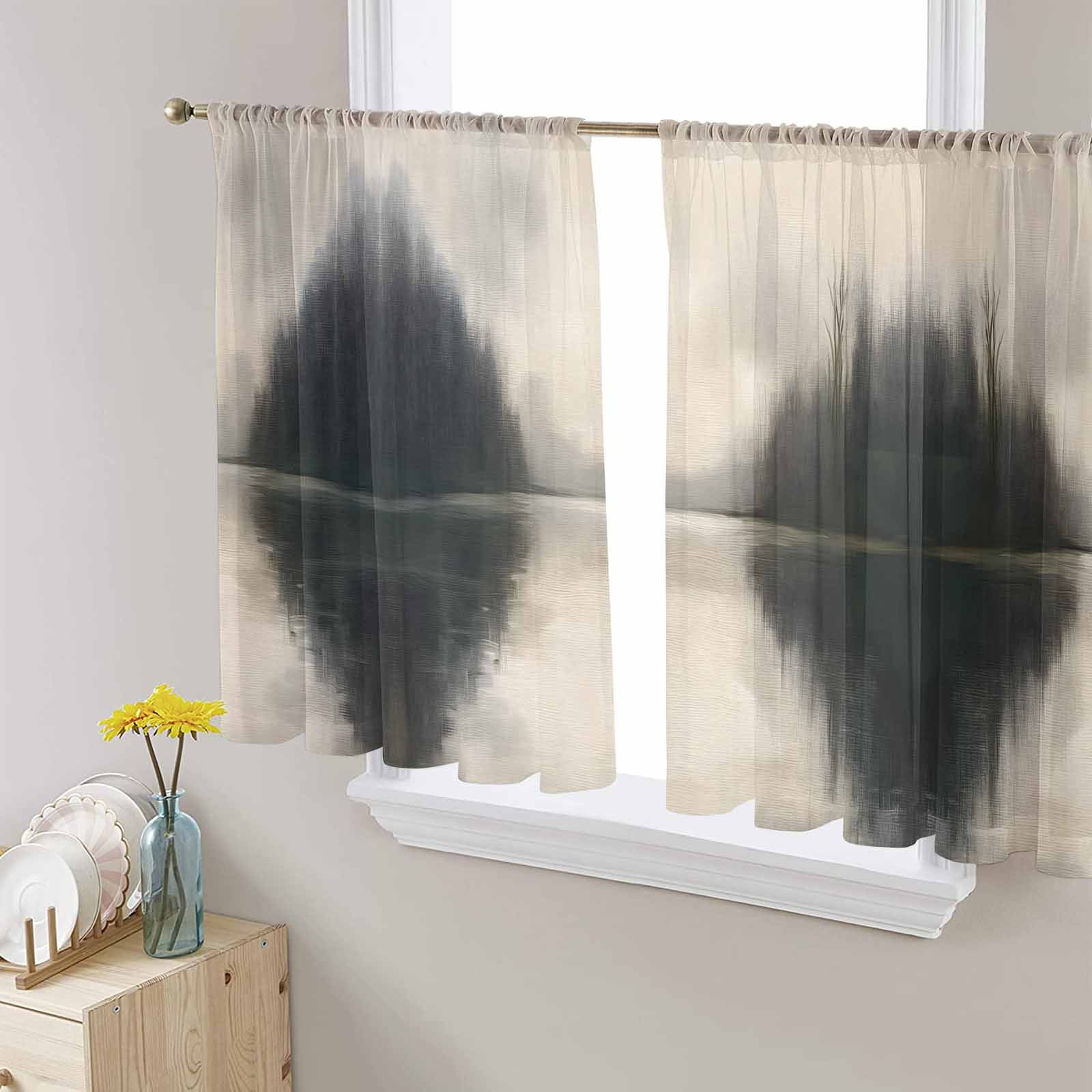 Black Beige Lake Sheer Curtains 54 Inch Length 2 Panels Set for Living ...