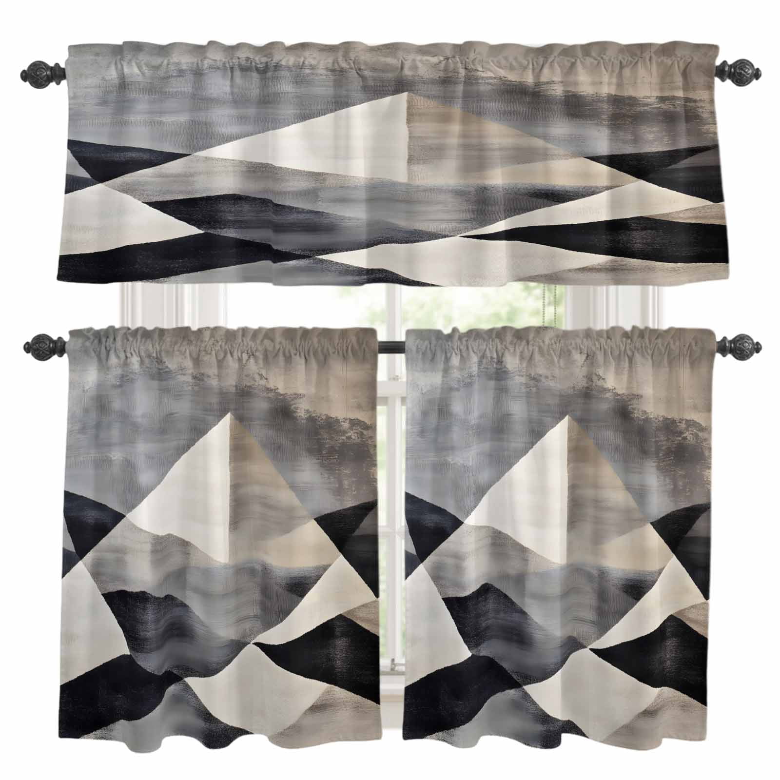 Black Beige Rhombus Kitchen Curtains Sets for Windows 36 Inch Length ...
