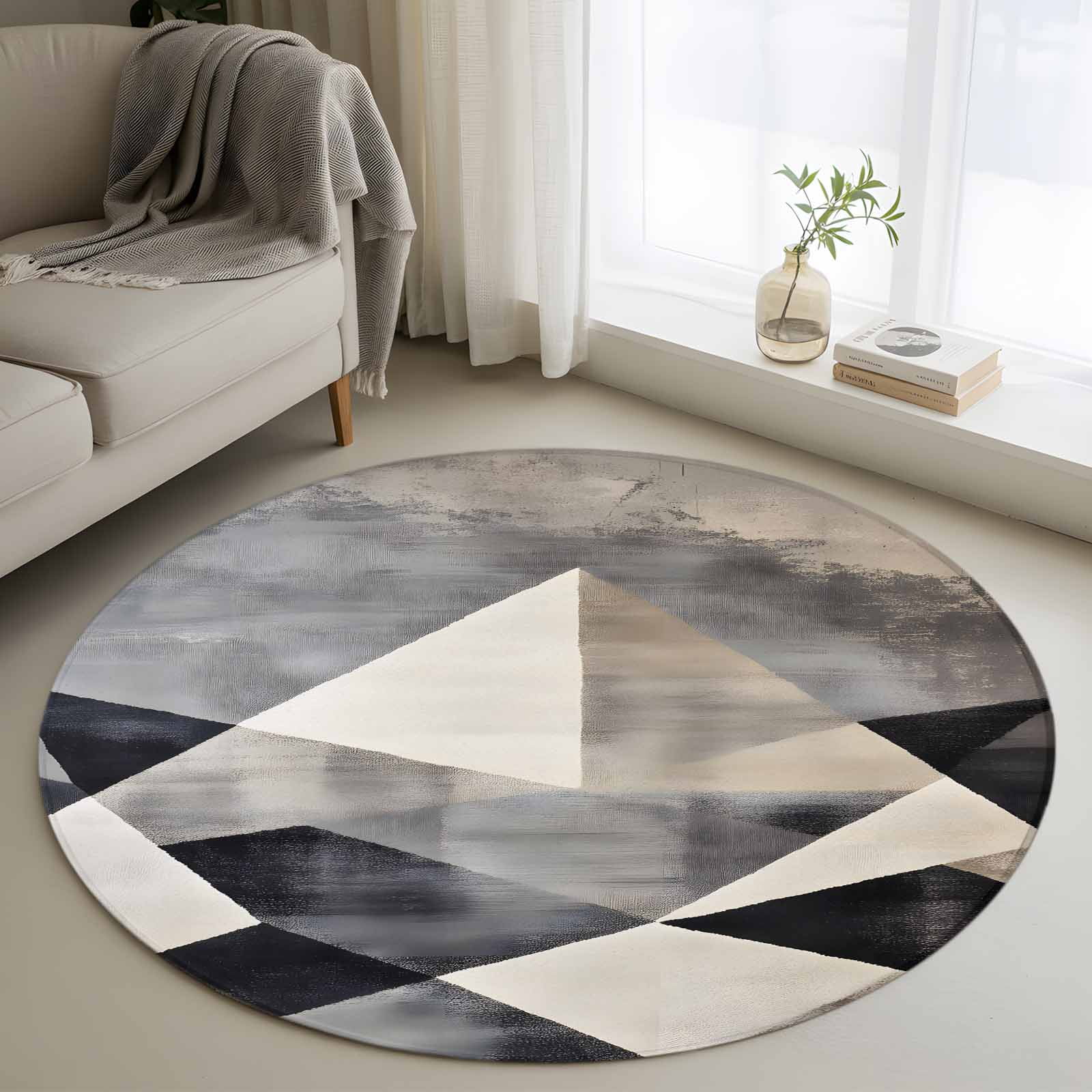 Black Beige Rhombus Round Rug 3.3ft Washable Circle Entryway Rugs Non ...