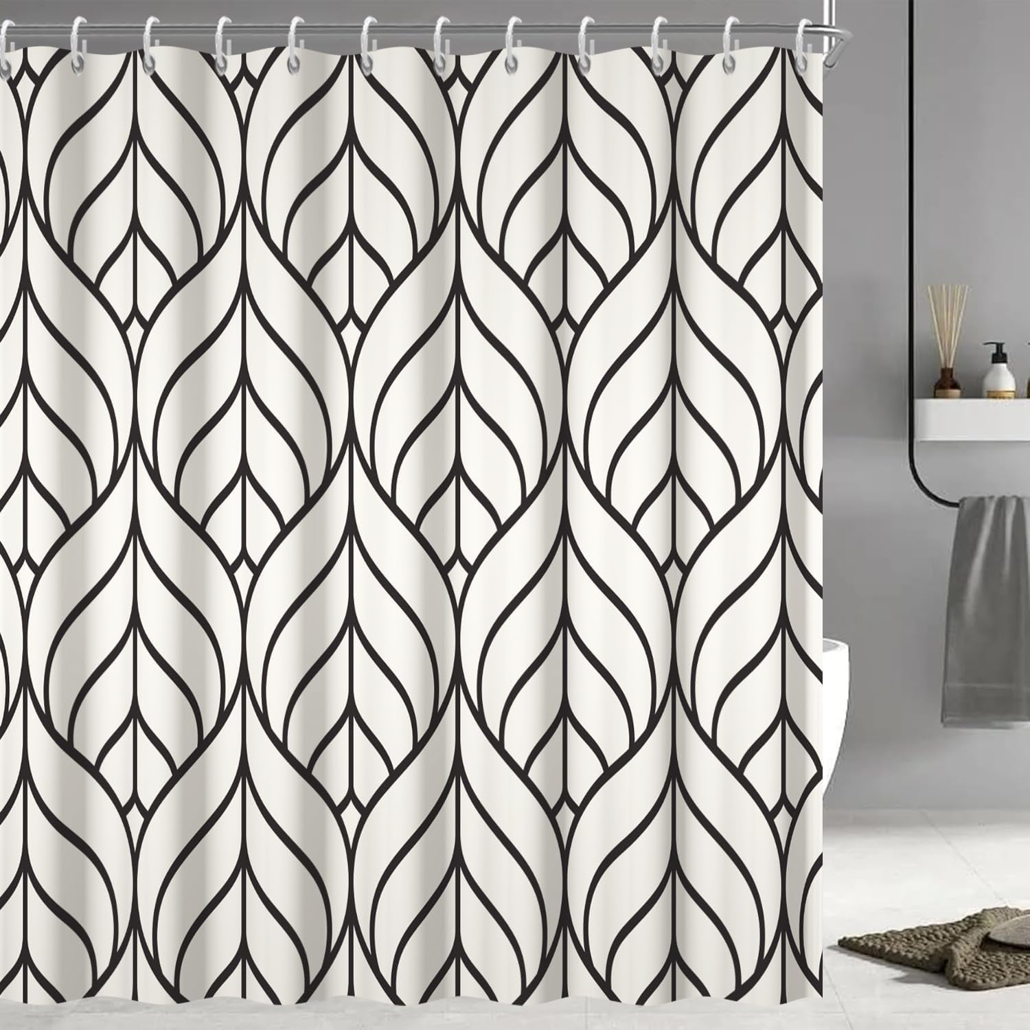Black and Beige Shower Curtain, Modern Aesthetic Black Striped Shower Curtain Set for Bathroom ...