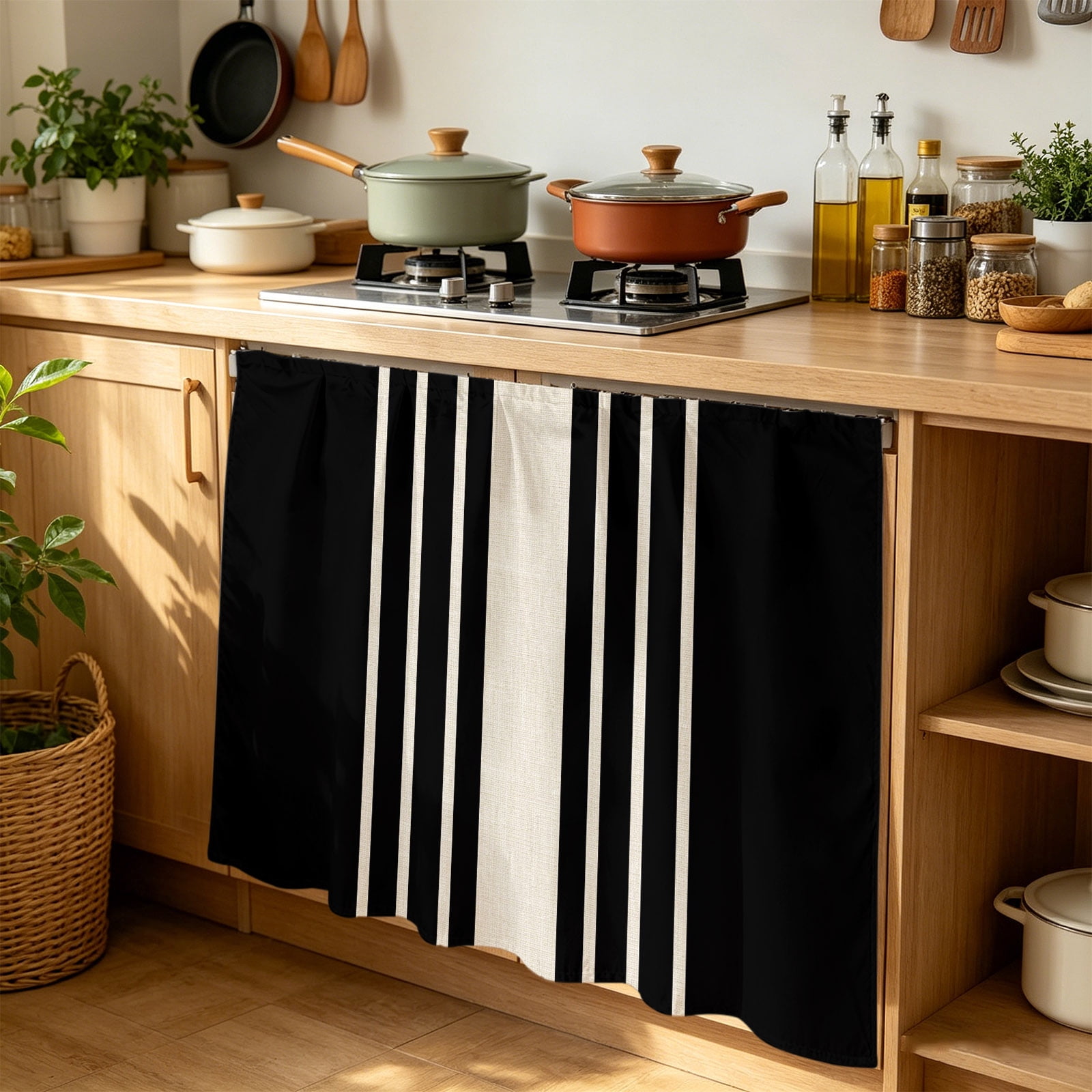 Black Beige Striped Cabinet Curtains 35''x35'', Modern Farmhouse Retro ...