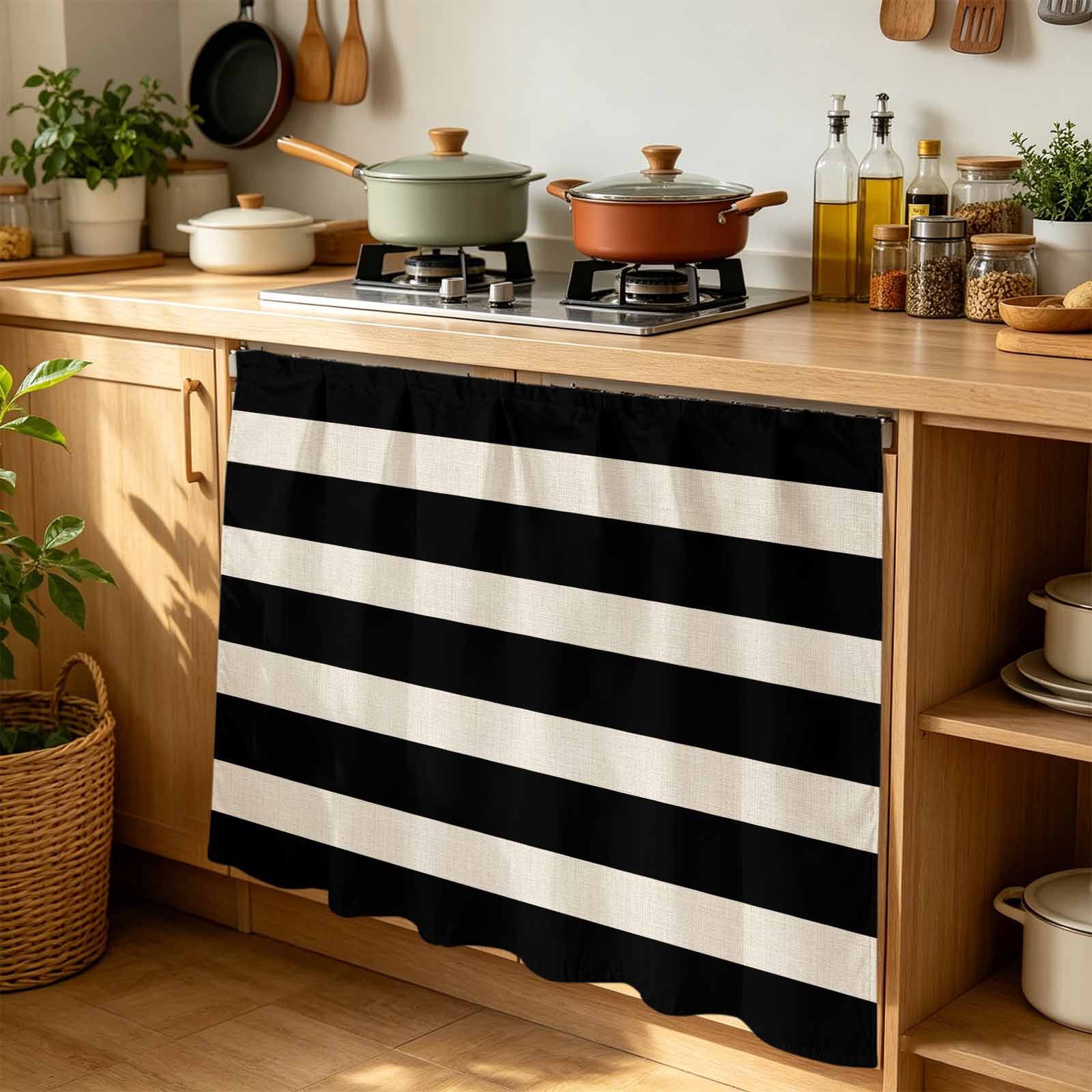 Black Beige Striped Cabinet Curtains 35''x35'', Vintage Geometric Line ...