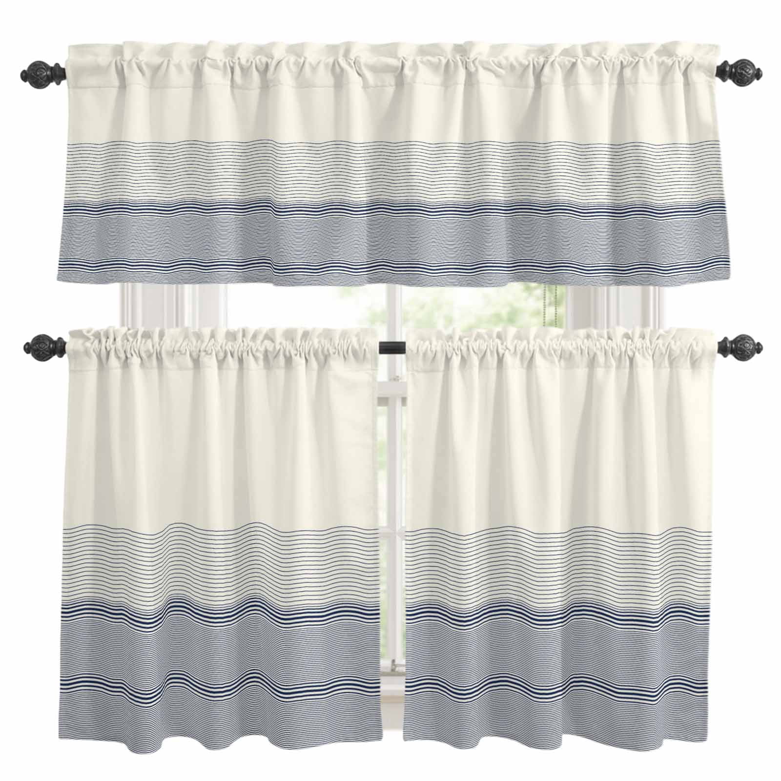 Black Beige Striped Kitchen Curtains Sets for Windows 24 Inch Length ...