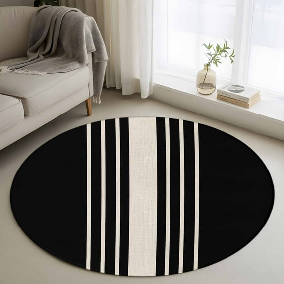 Black Beige Striped Round Area Rug 3 FT, Small Kitchen Bathroom Mat ...