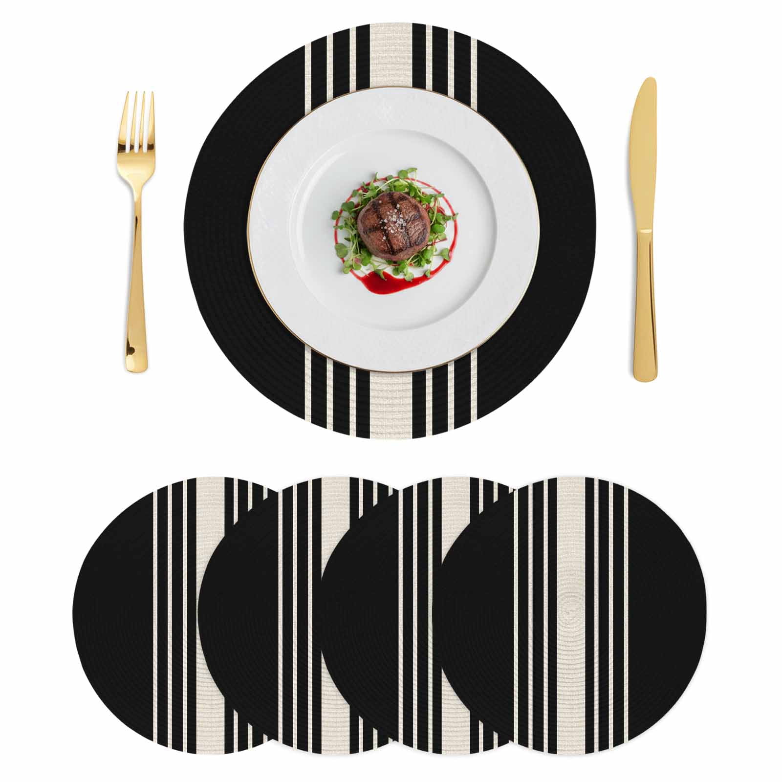 Black Beige Striped Round Placemats Set of 4, Braided Polypropylene ...
