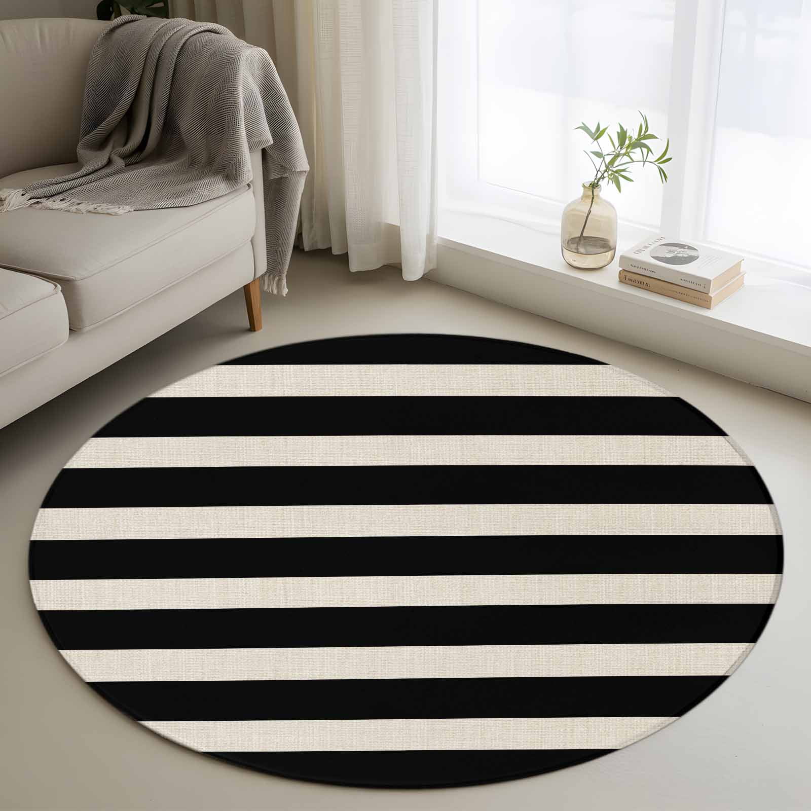 Black Beige Striped Round Rug 3ft Washable Circle Entryway Rugs Non ...