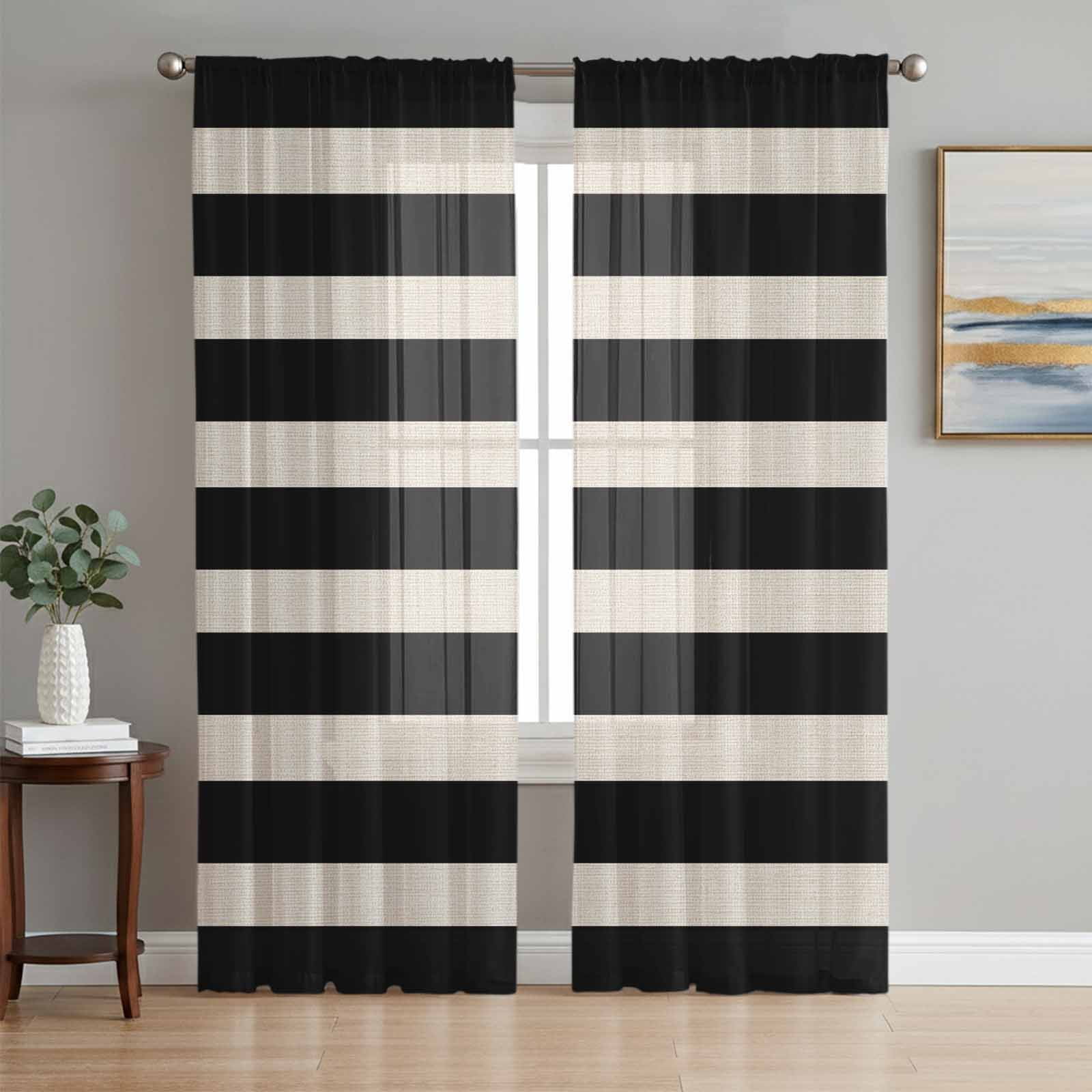Black Beige Striped Semi Sheer Window Curtains 84 Inches Long, Vintage ...