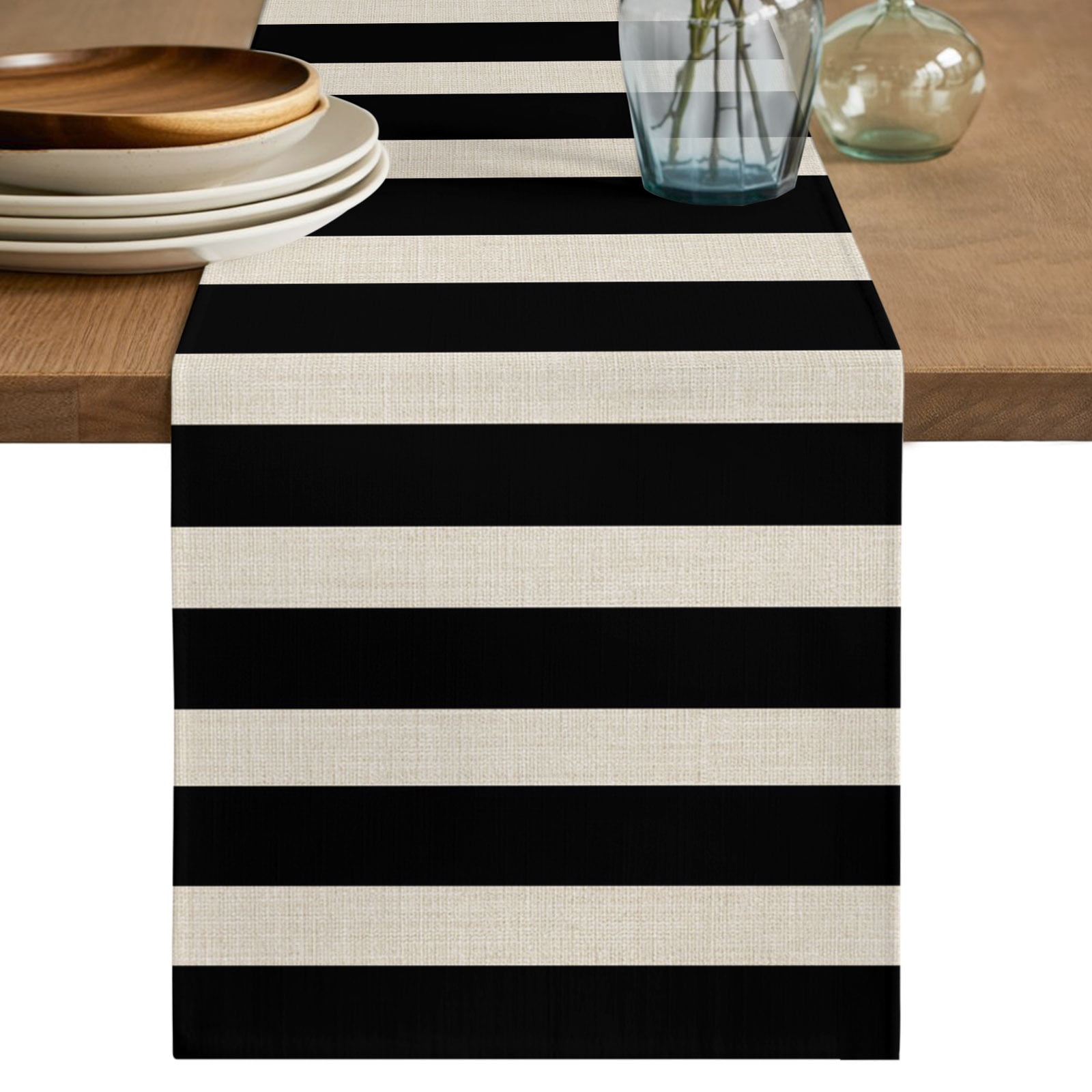 Black Beige Striped Short Table Runner 48 Inches Long,Vintage Geometric ...
