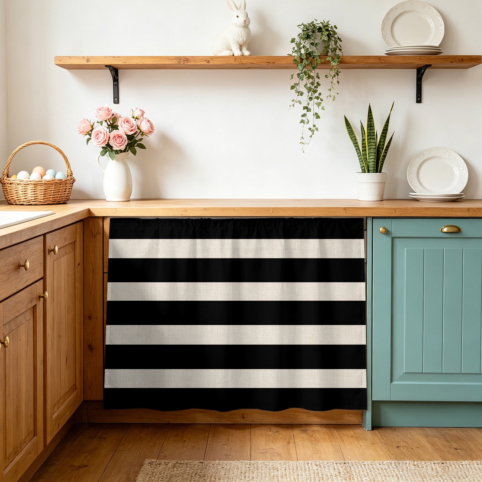 Black Beige Striped Small Sink Skirt 10"Wx11"L,Dustproof Under Sink ...