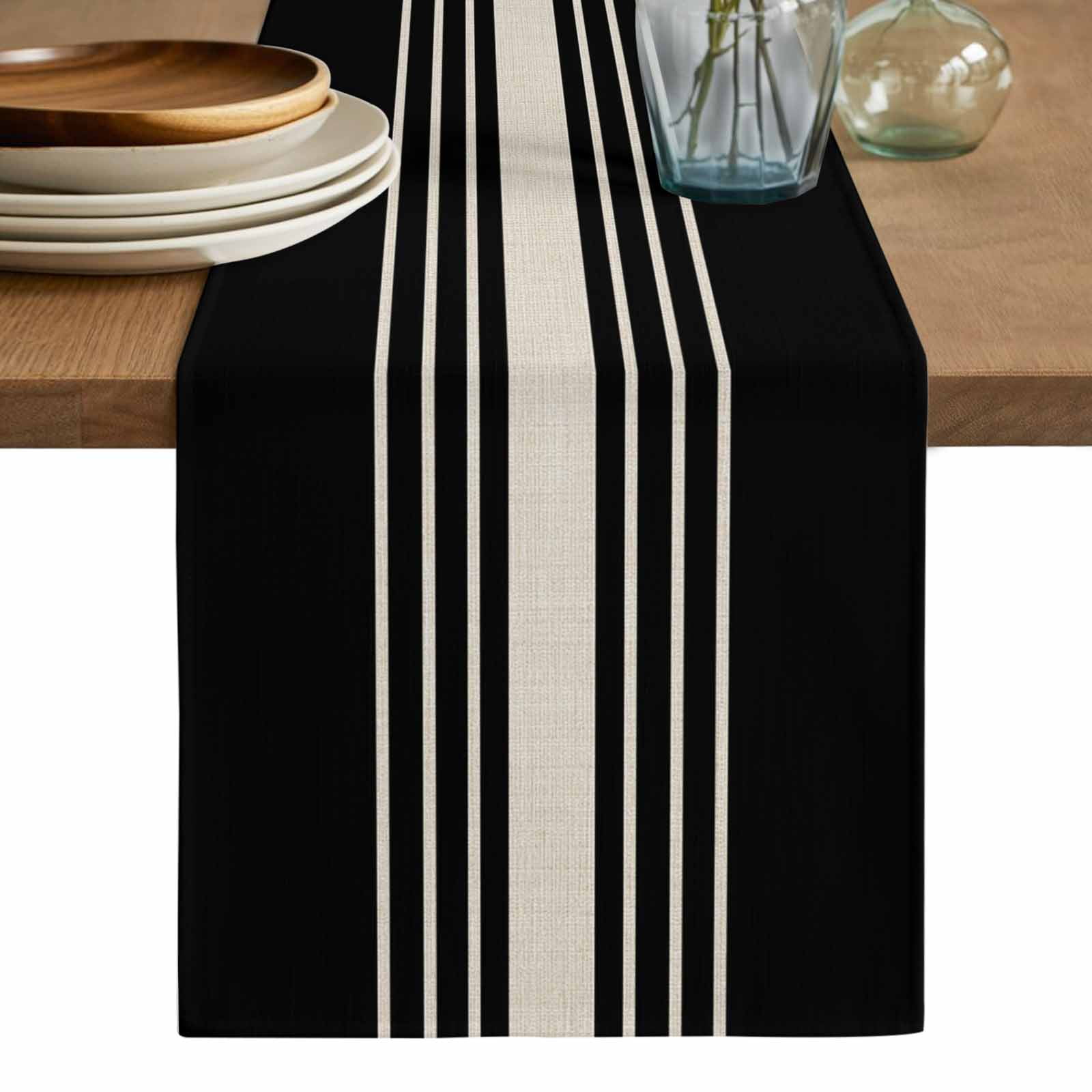Black Beige Striped Table Runner, Modern Farmhouse Retro Lines Washable ...