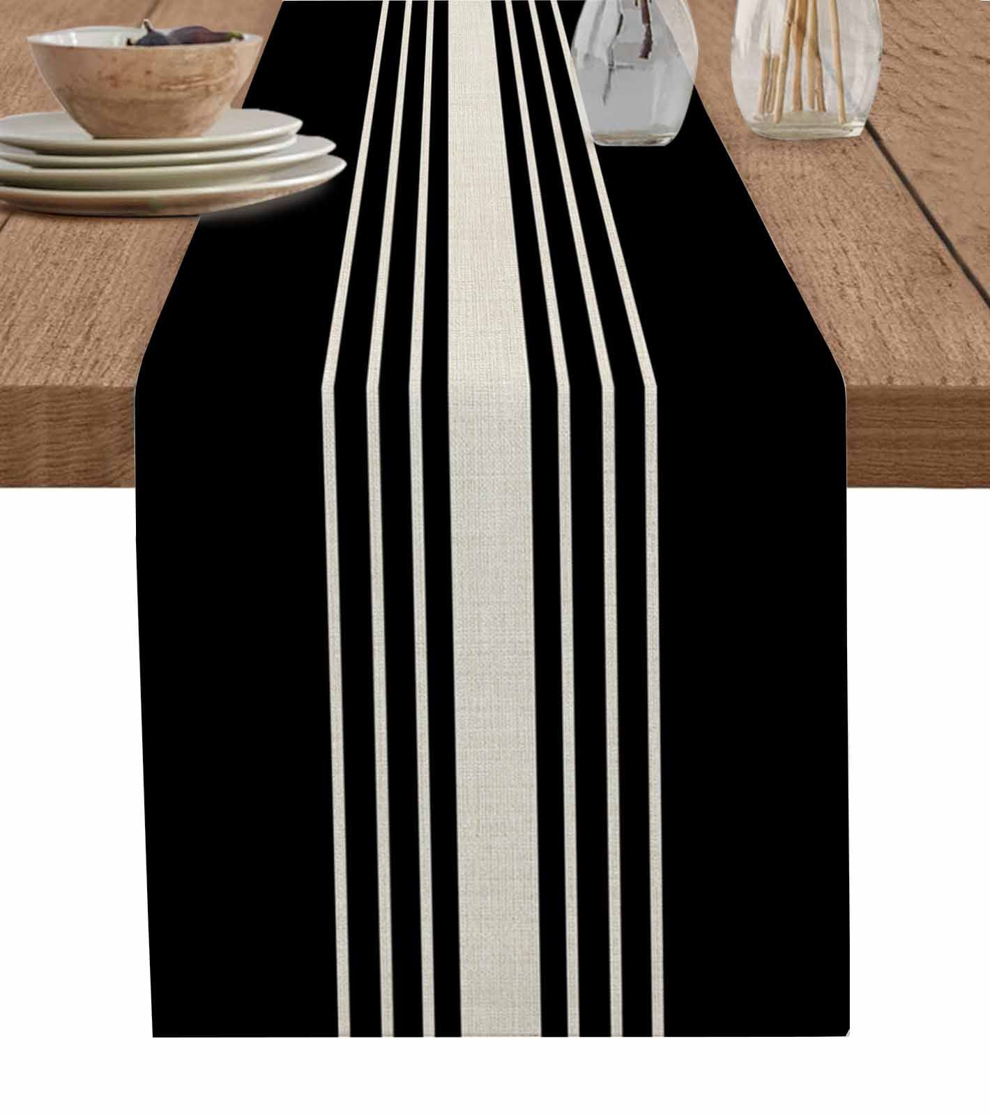Black Beige Striped Table Runners 72 Inches Long, Cotton Linen Fabric ...