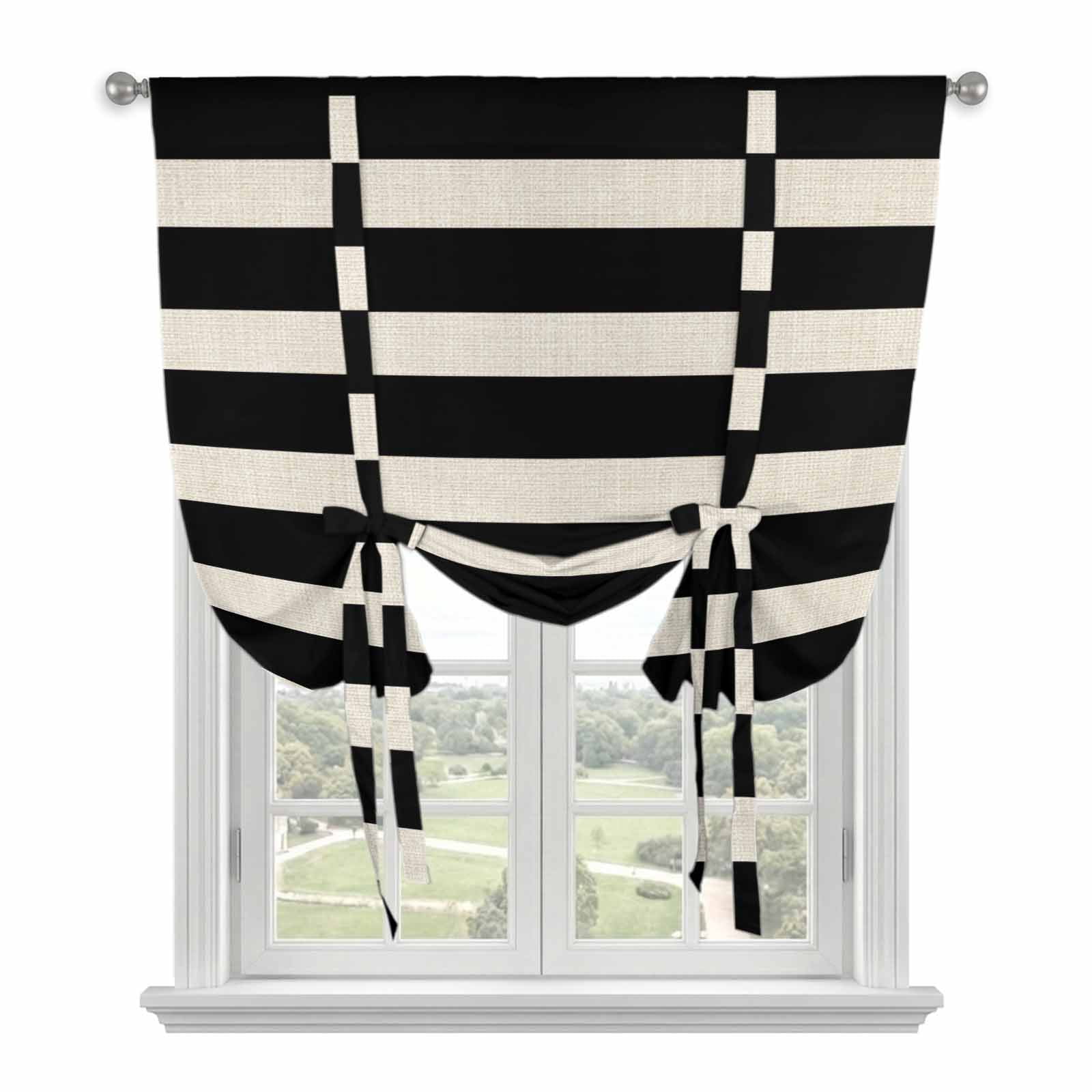 Black Beige Striped Tie Up Curtain Valance for Window, Adjustable Rod ...