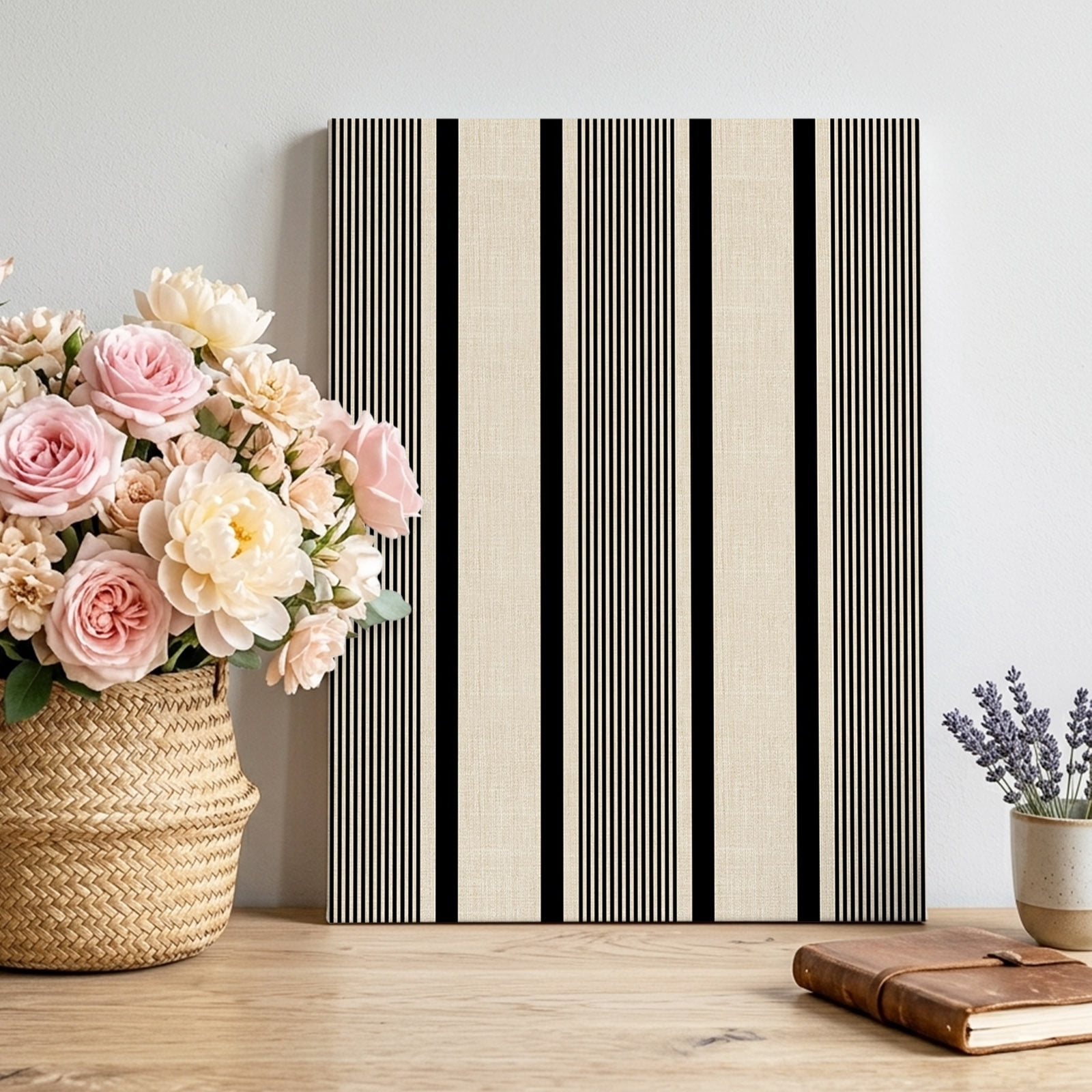 Black Beige Stripes Canvas Wall Art for Living Room, Lines Modern ...