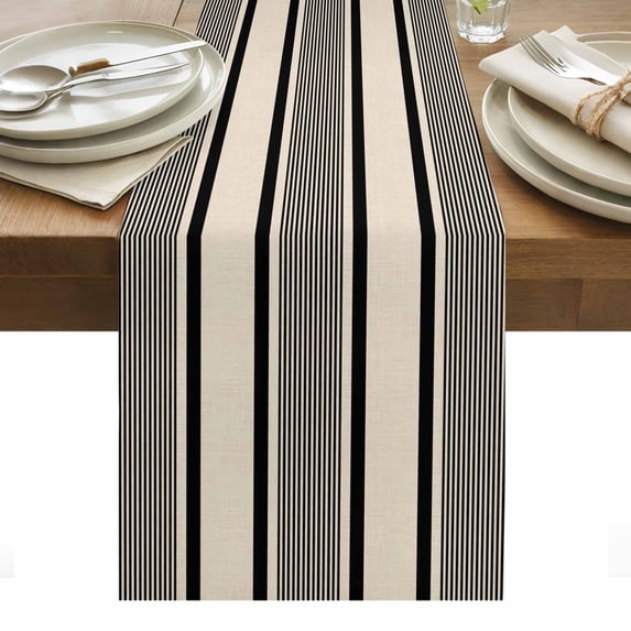 Black Beige Stripes Cotton Linen Table Runner Lines Modern Vertical ...