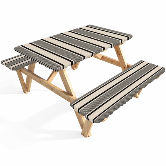 Black Beige Stripes Picnic Table Cover with Bench Covers Lines Modern ...