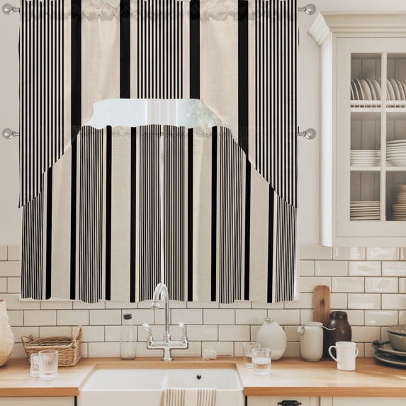 Black Beige Stripes Swag Curtains Valance and Tier Set, Lines Modern ...