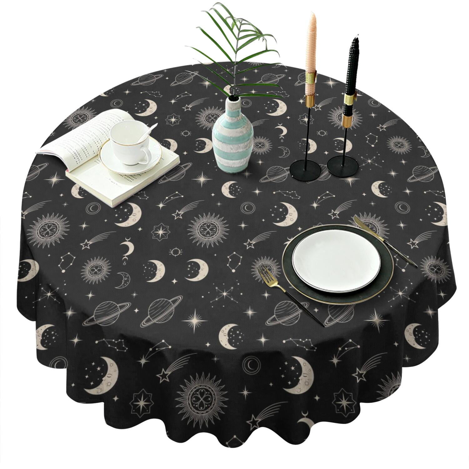 Black Beige Sun Moon Star Planet Pattern Round Tablecloth 60"x60 ...