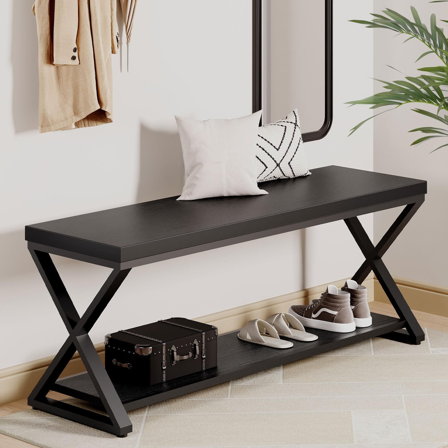 Black Bench, Modern Entryway Bench for Bedroom, Wood Metal Storage ...