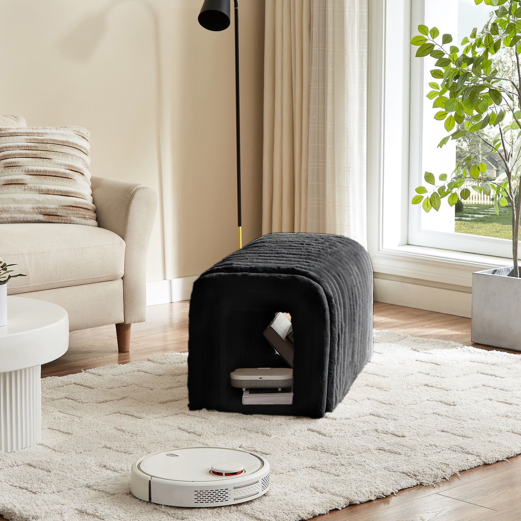 Black Bench with Storage and Cat Nest Features | In Entryway, Serves as ...