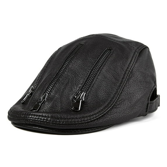 Black Berets For Men Leather Flat Caps Male Adjustable Ivy Cap Zipper ...
