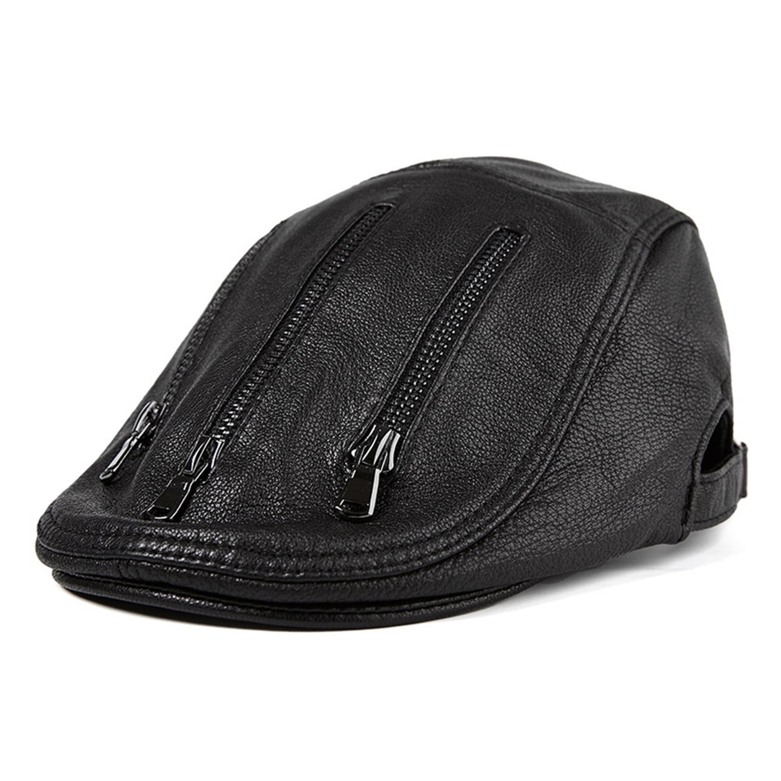 Black Berets For Men Leather Flat Caps Male Adjustable Ivy Cap Zipper ...