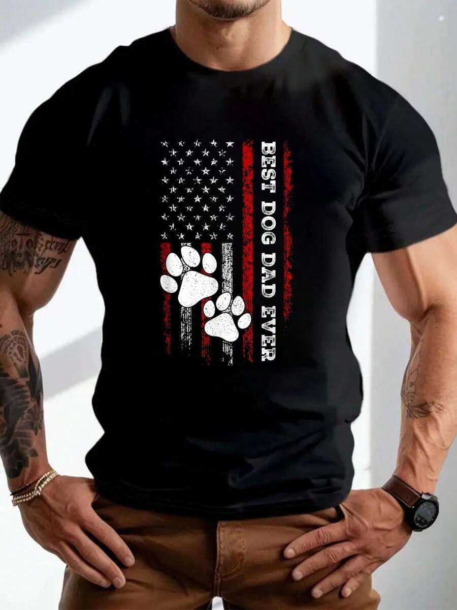 Black Best Dog Dad Ever Graphic Tee For Men, Patriotic Paw Print ...