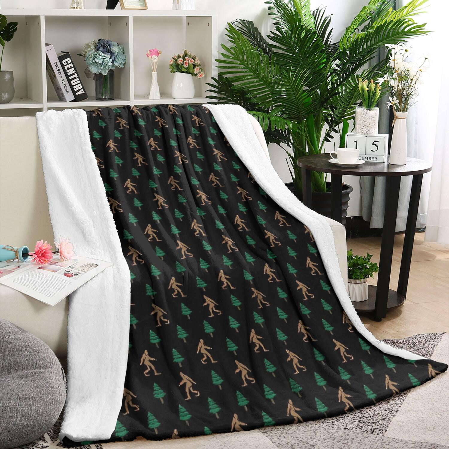Black Bigfoot and Tree Pattern Blanket,Comfortable Soft Flannel Throw ...