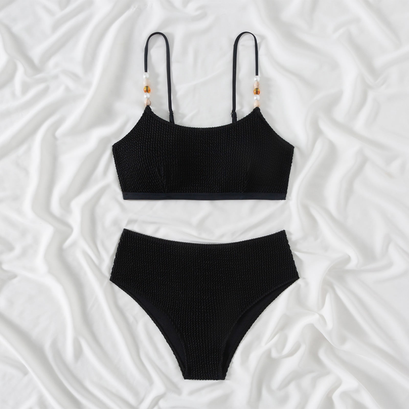 Black Bikinis Set for Women's Ribbed Bikini Sets Neck Swimsuit Textured ...