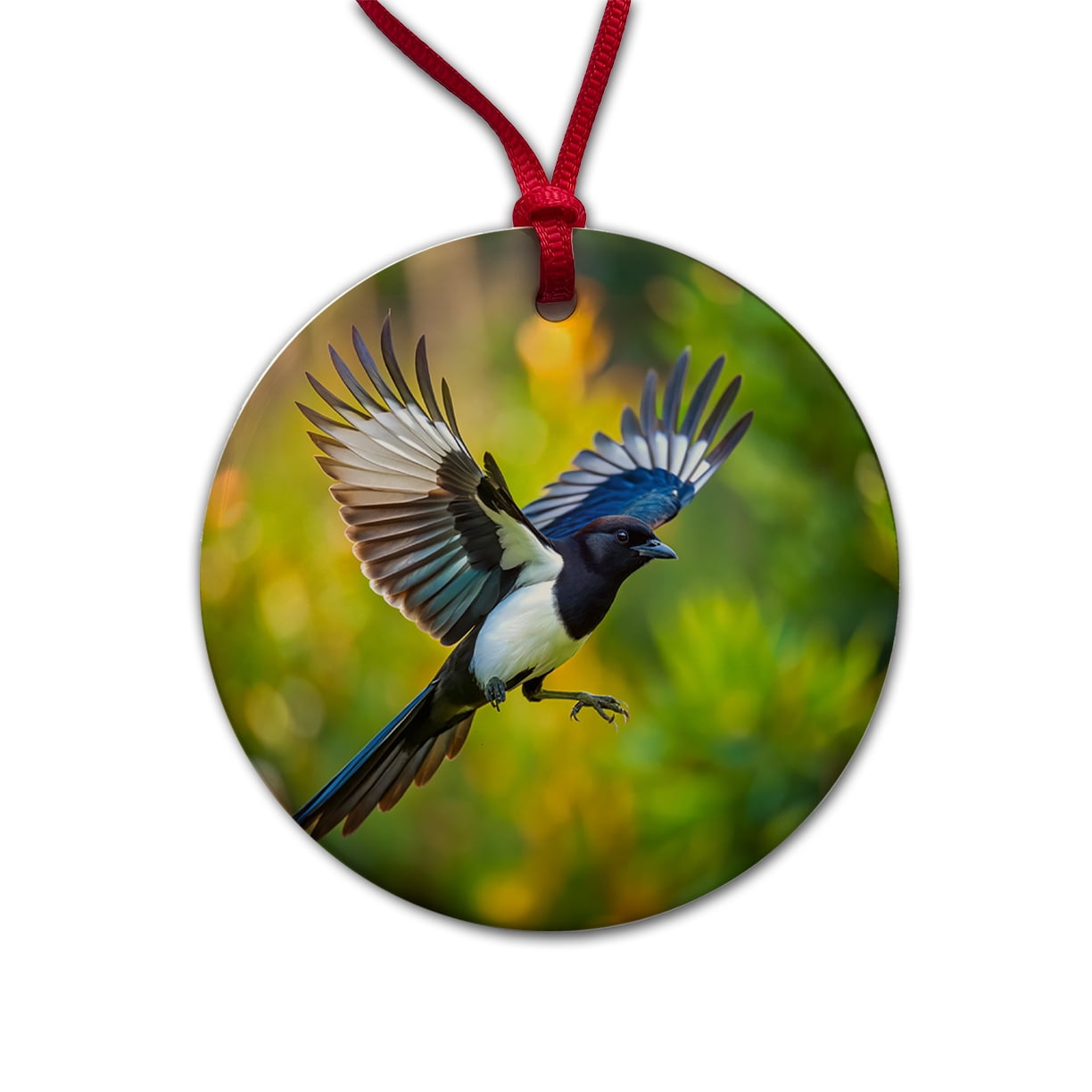 Black Billed Magpie Flying Backyard Bird Christmas Tree Holiday Round ...