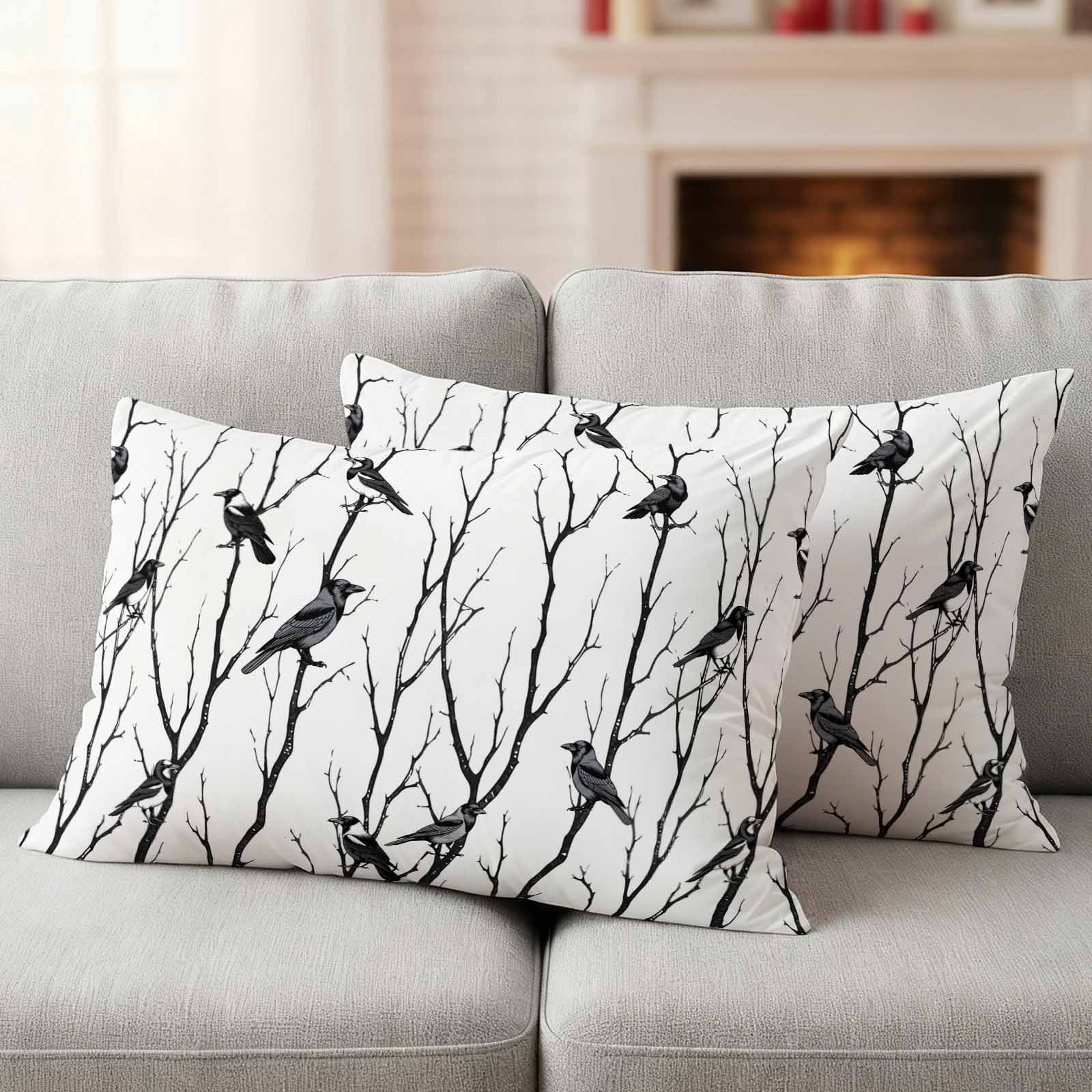 Black Bird on Branch Silhouette Waterproof Throw Pillow Covers Set of 2 ...