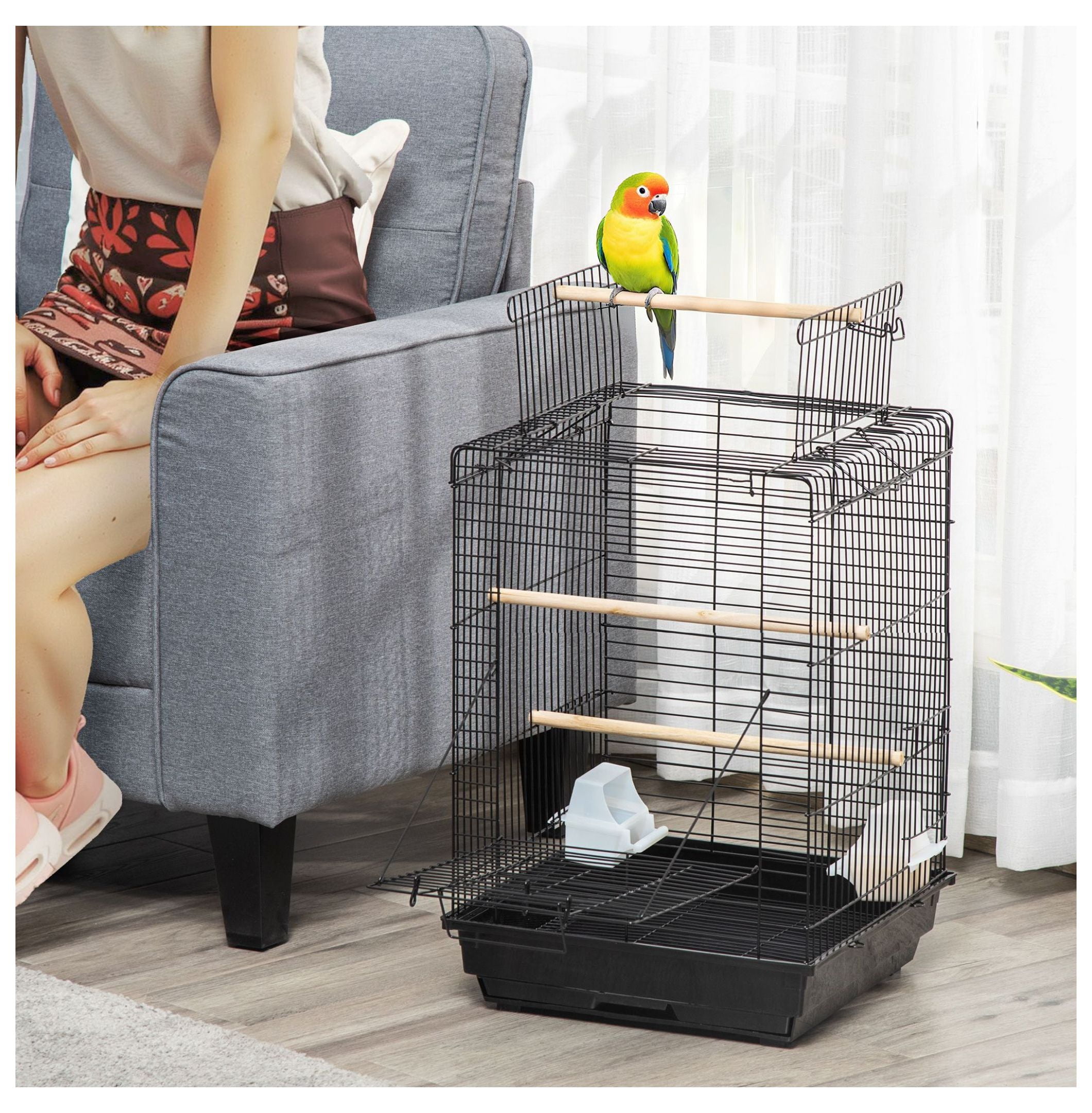 Black Bird Cage Flight Parrot House, Open Play Top with Perch & Bowls ...