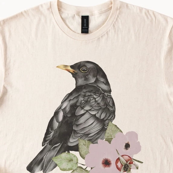 Black Bird Floral Graphic T-Shirt Nature Tee Unique Design - Walmart.com