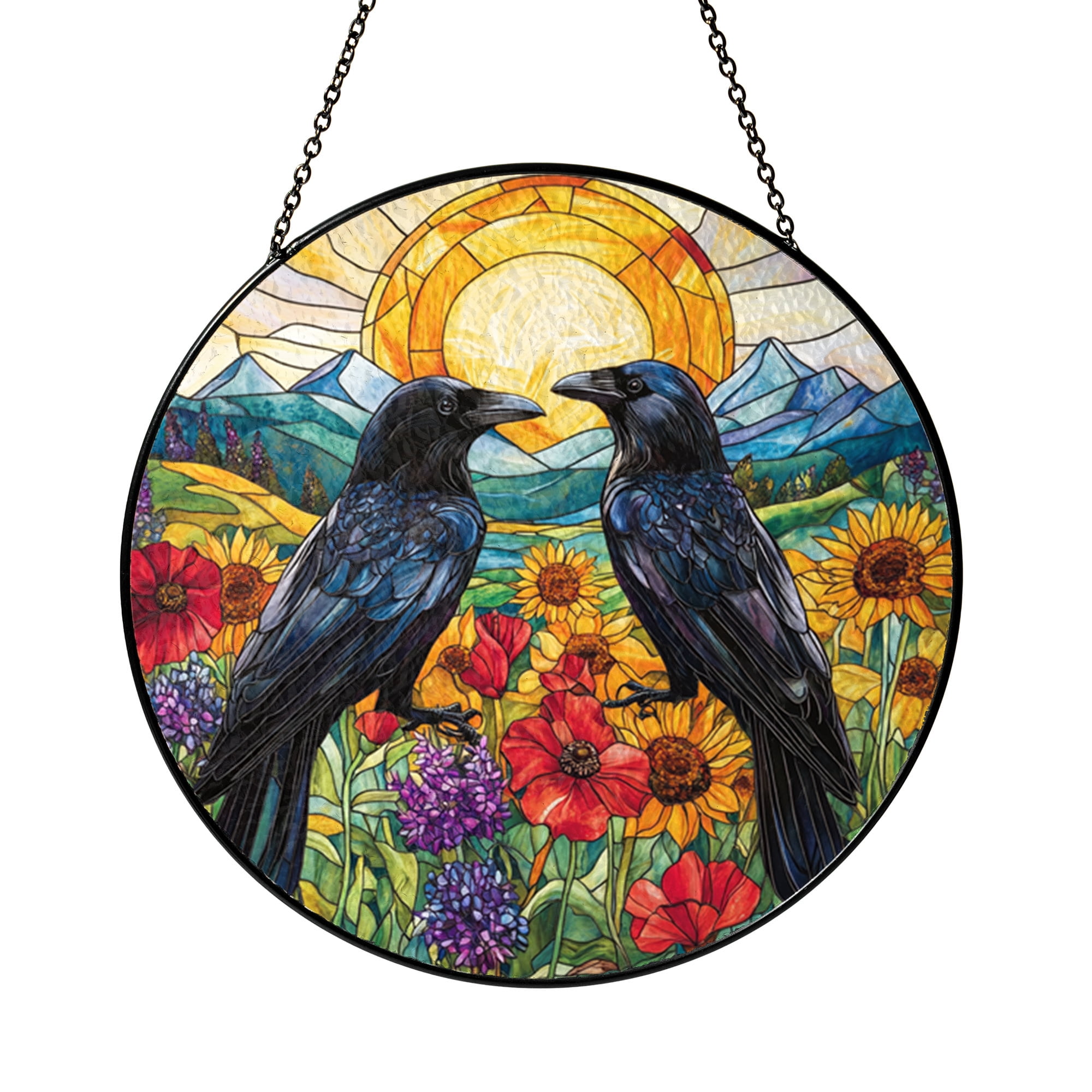 Black Bird Sunflower Field Stained Glass Style Suncatcher, Decorative ...