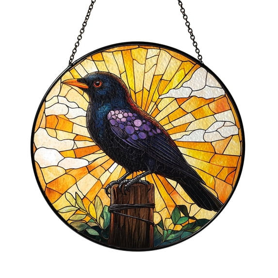 Black Bird on Fence Stained Glass Style Suncatcher Window Hanging ...