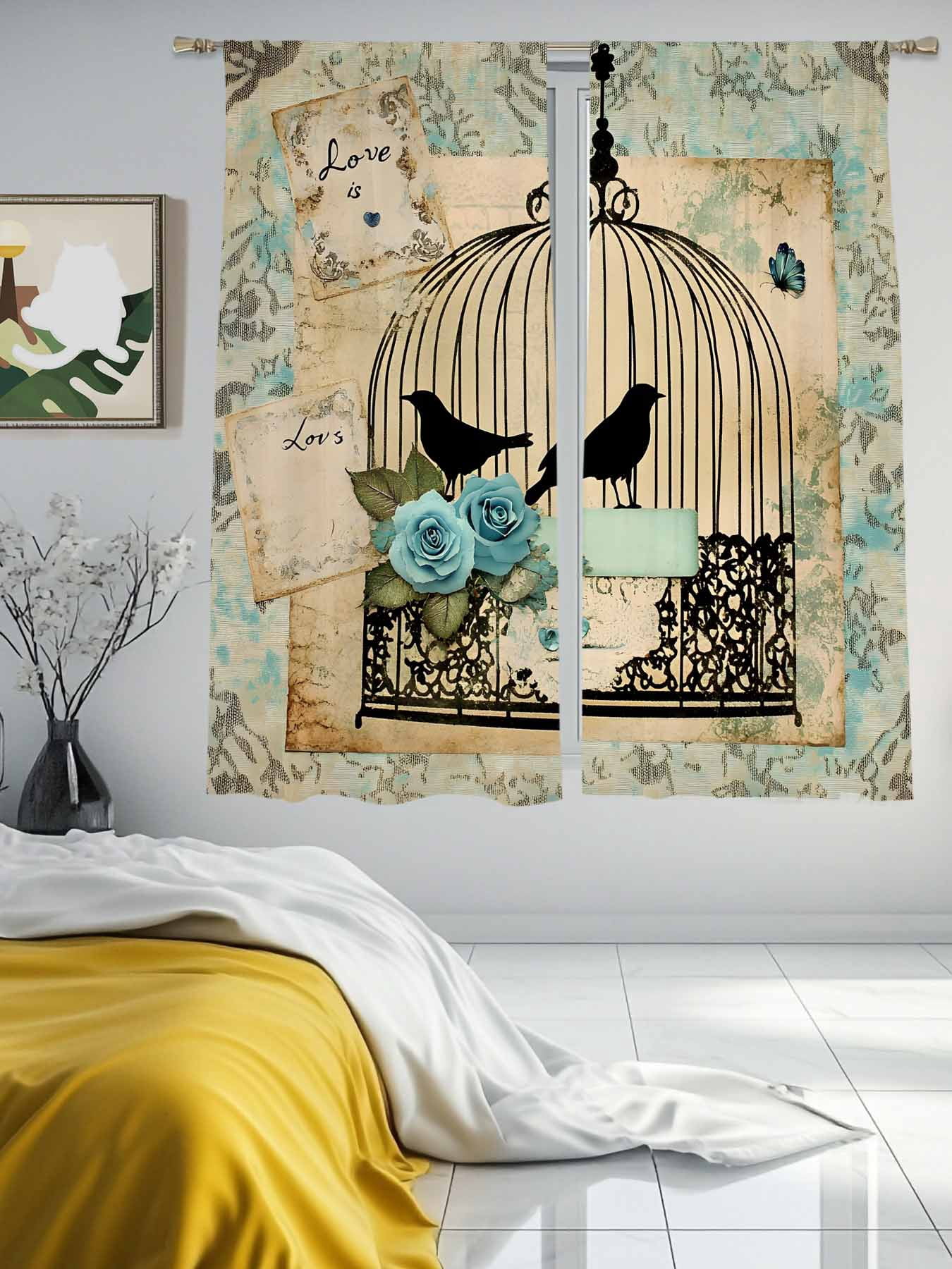 Black Birds Birdcage Chiffon Sheer Curtains 63 Inches Long Blue Flowers ...