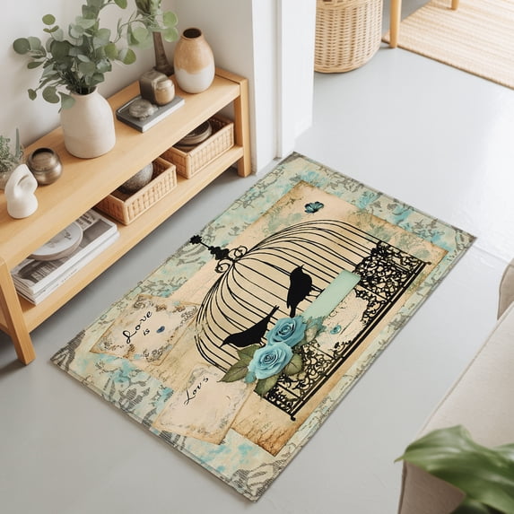 Black Birds Birdcage Rectangle Rug 2'x3' Blue Flowers Retro Background ...