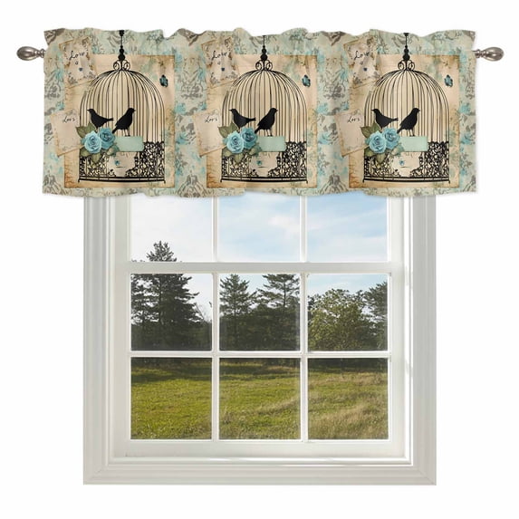 Black Birds Birdcage Valances for Windows Blue Flowers Retro Background ...
