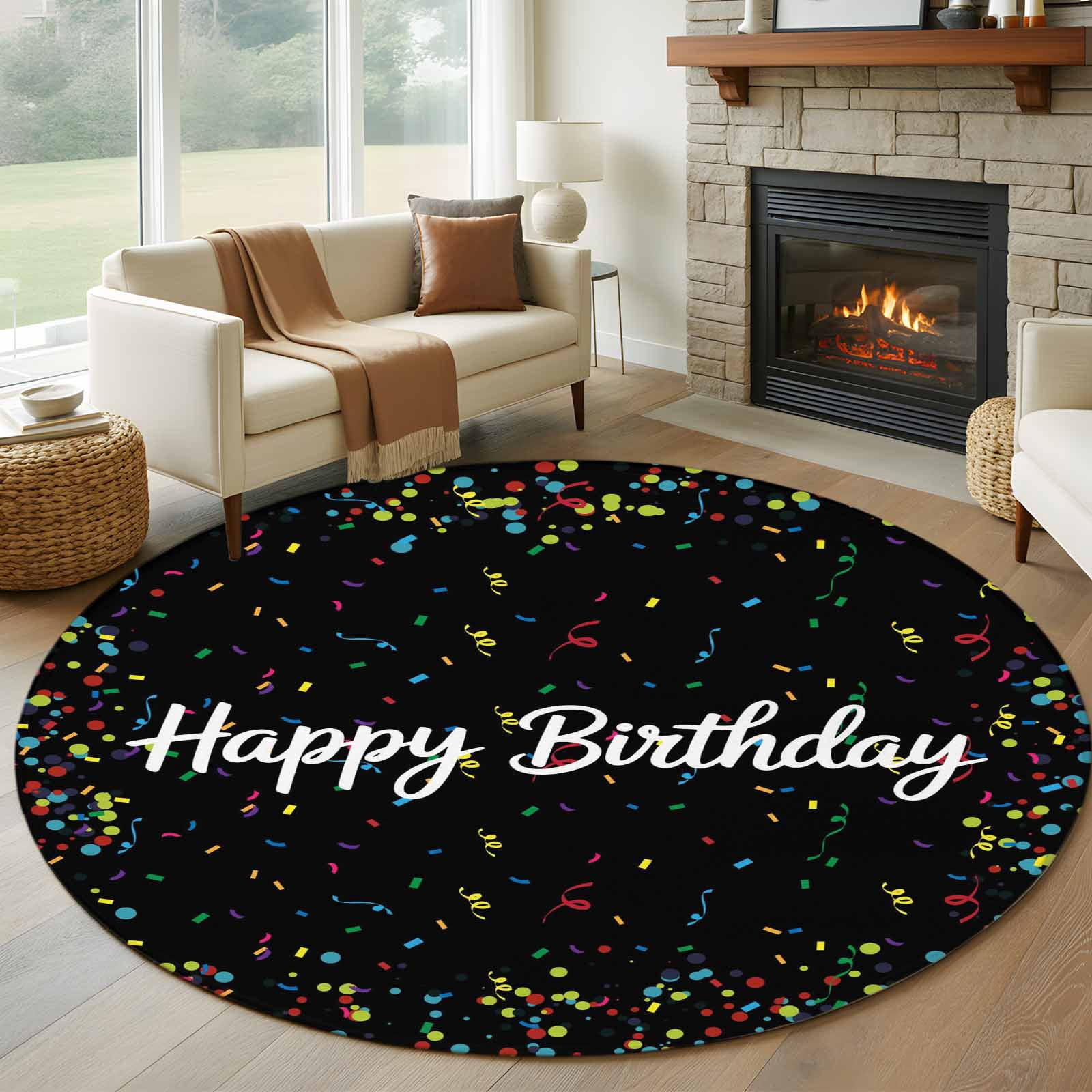 Black Birthday 6ft Round Rugs, Colorful Confetti Ribbons Polka Dots ...