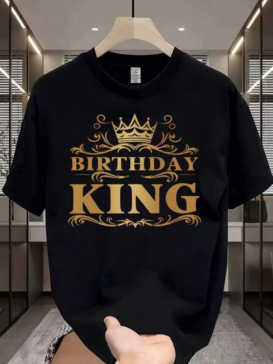 Black Birthday King T-Shirt With Gold Crown Graphic, Crew Neck Casual ...