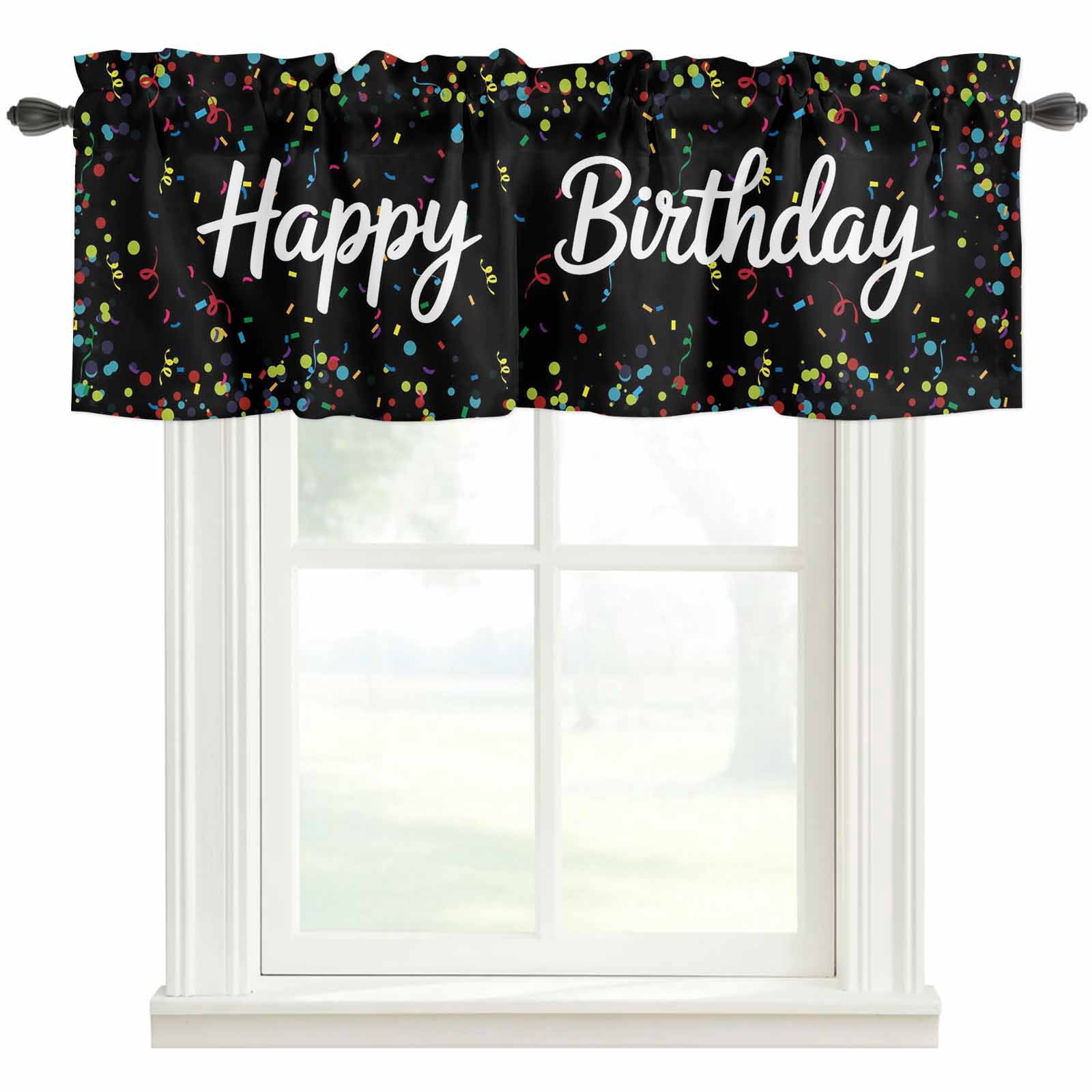Black Birthday Rod Pocket Curtain Valance, Colorful Confetti Ribbons ...