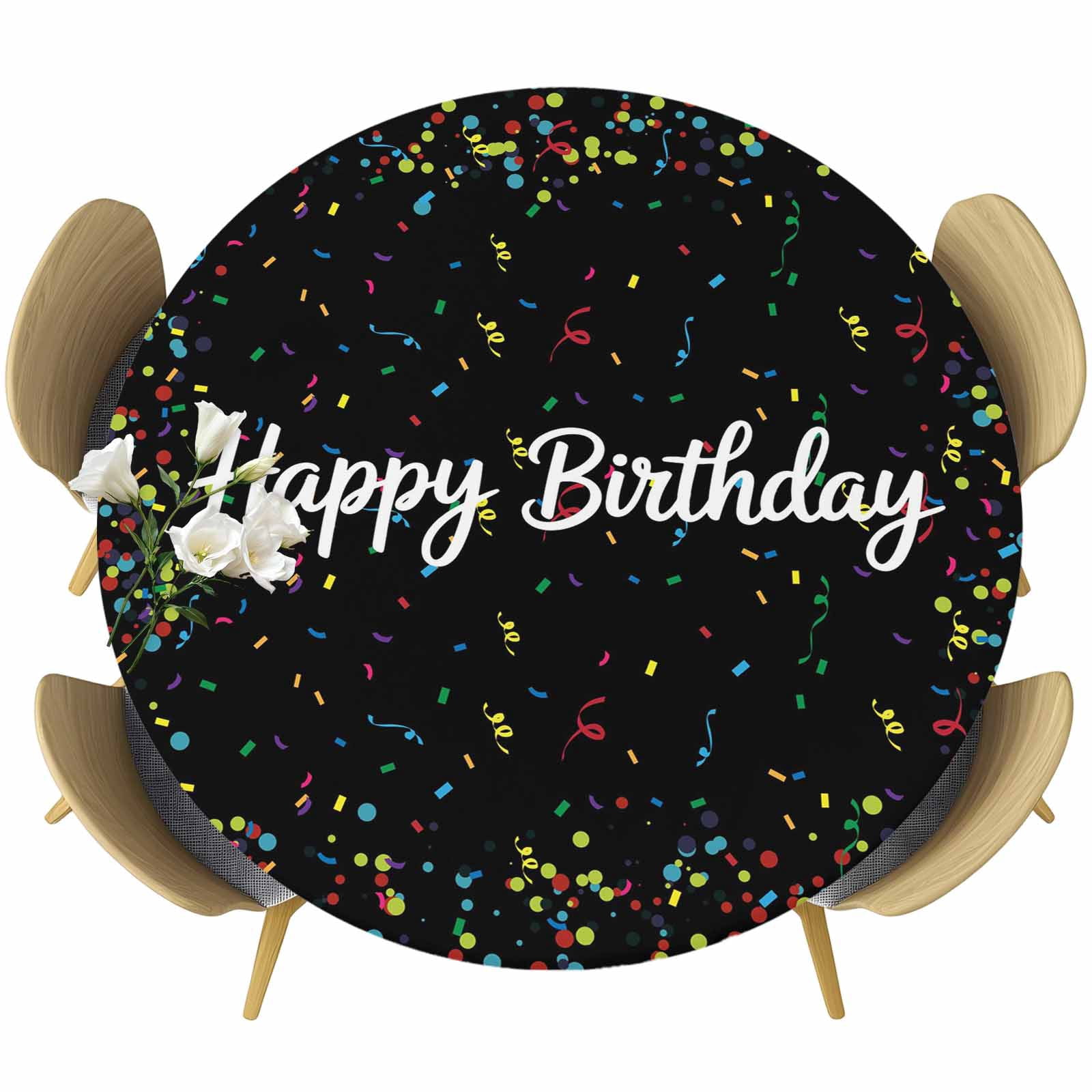 Black Birthday Round Tablecloth, Fitted Table Cover with Elastic for 55 ...