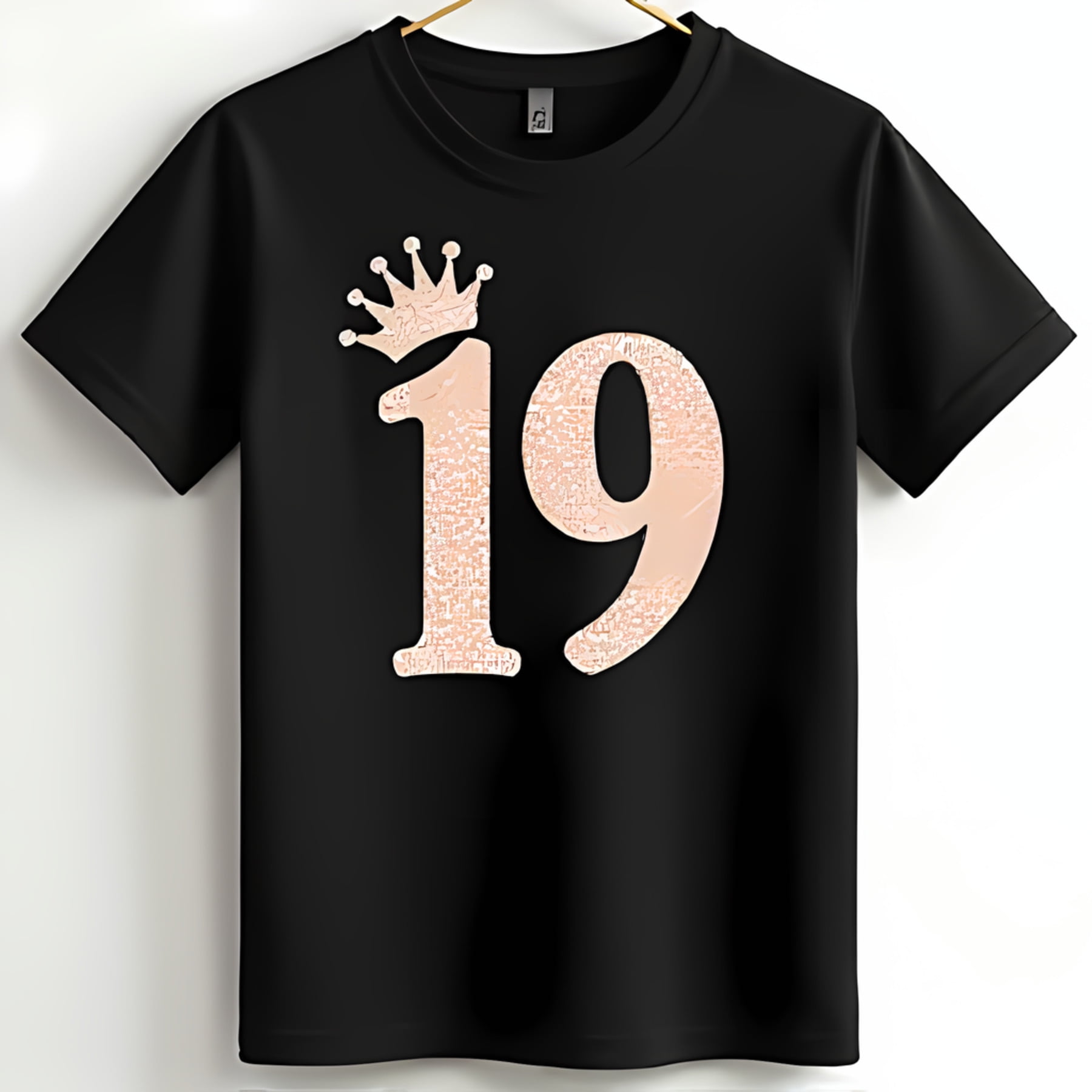 Black Birthday T-Shirt with Glitter Number 19 and Gold Crown Design ...