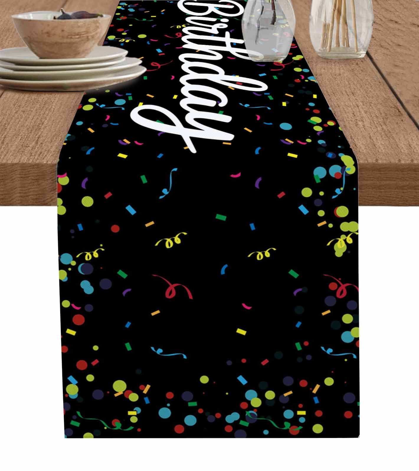 Black Birthday Table Runner 108 Inches, Colorful Confetti Ribbons Polka ...