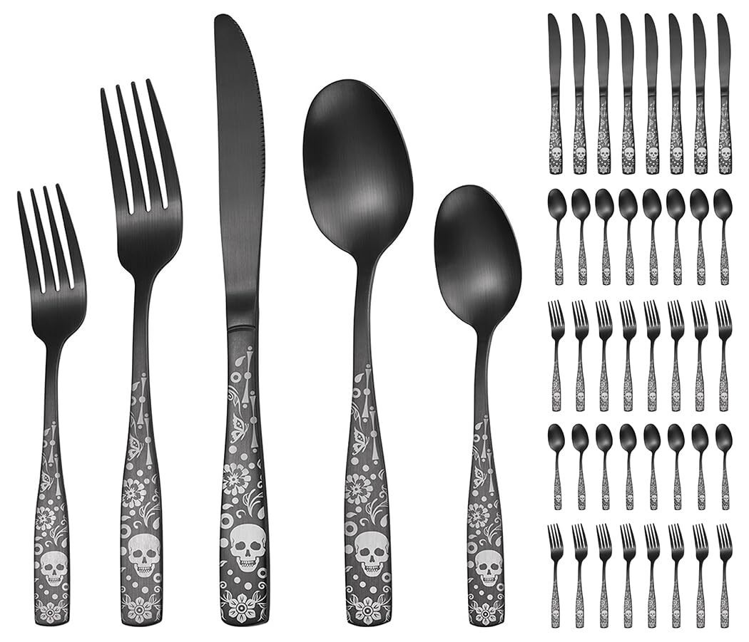Black Bizarre Skull Silverware Set, Gothic Stainless Steel Flatware Set ...
