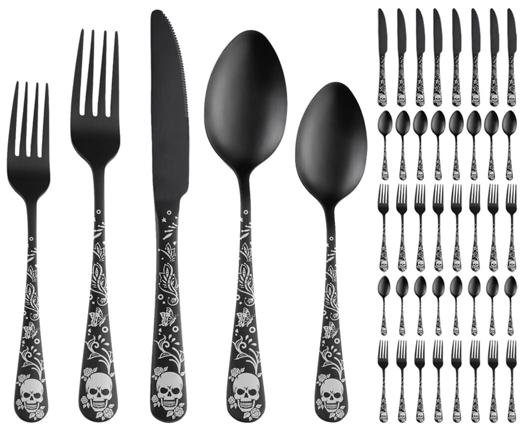 Black Bizarre Skull Silverware Set, Gothic Stainless Steel Flatware Set ...