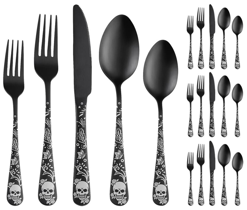 Black Bizarre Skull Silverware Set, Gothic Stainless Steel Flatware Set ...