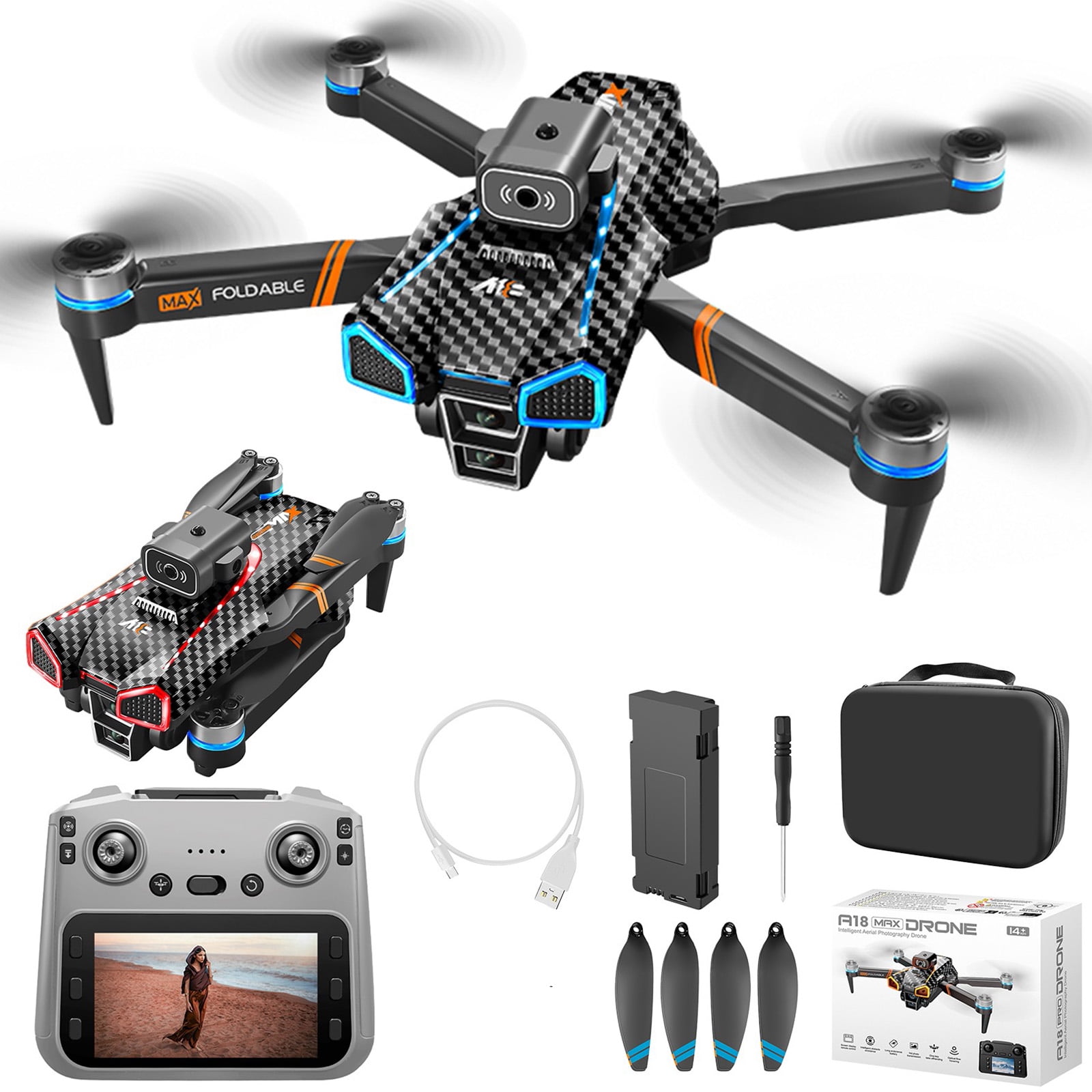 Black Black Brushless Drone With 4.9 Inch Screen Remote, 1080P Hd ...