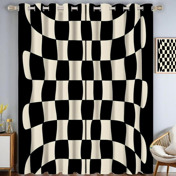 Black Black Out Curtains,Abstract Geometric Black And White Checkered ...